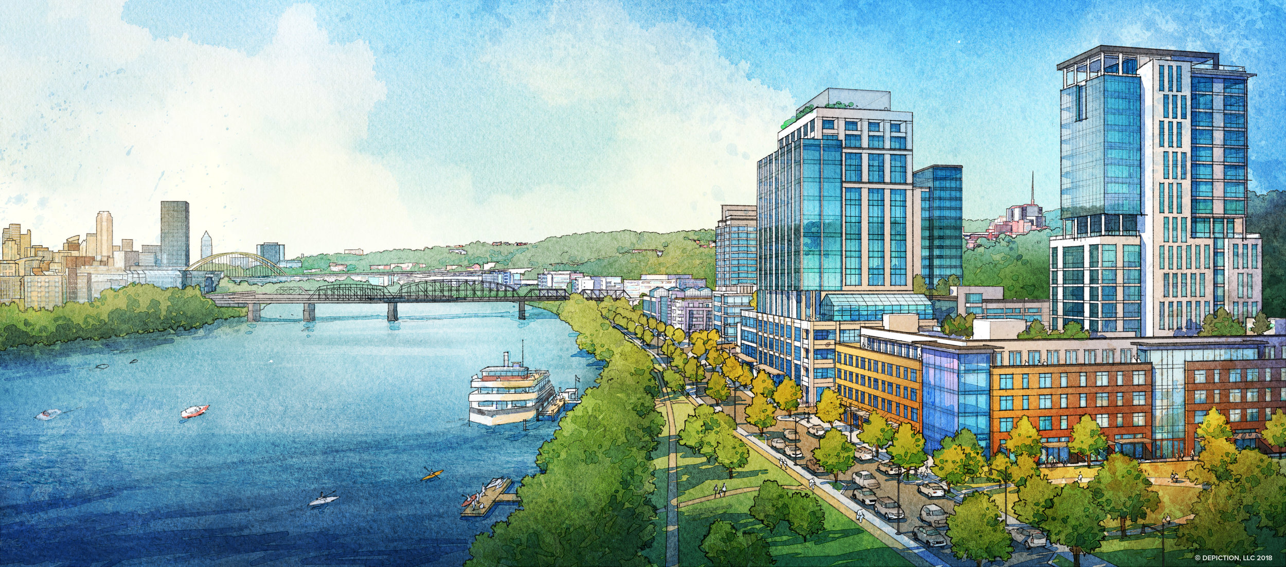 Hand drawn, architectural renderings