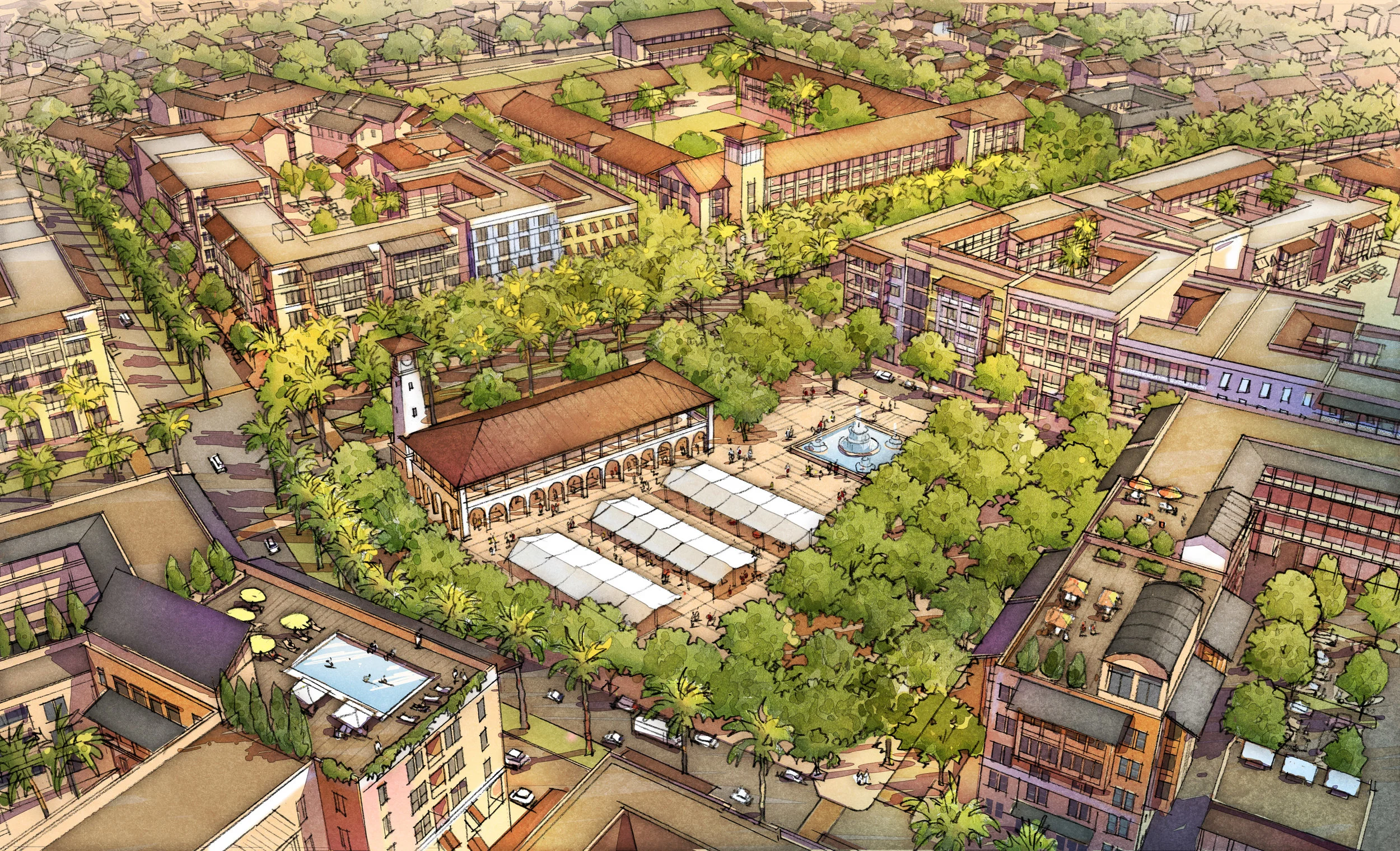 Hand drawn, architectural renderings