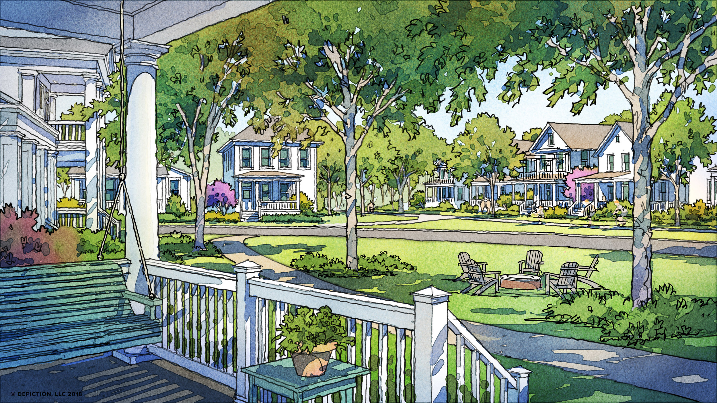 Hand drawn, architectural renderings