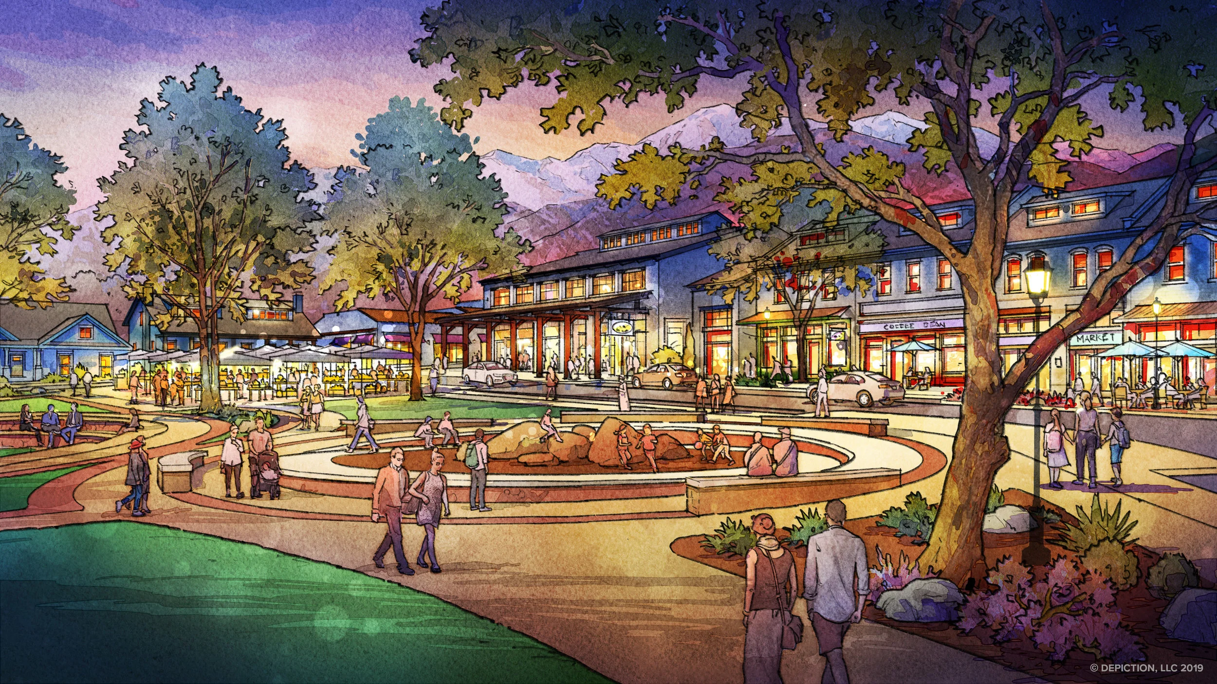 Hand drawn, architectural renderings