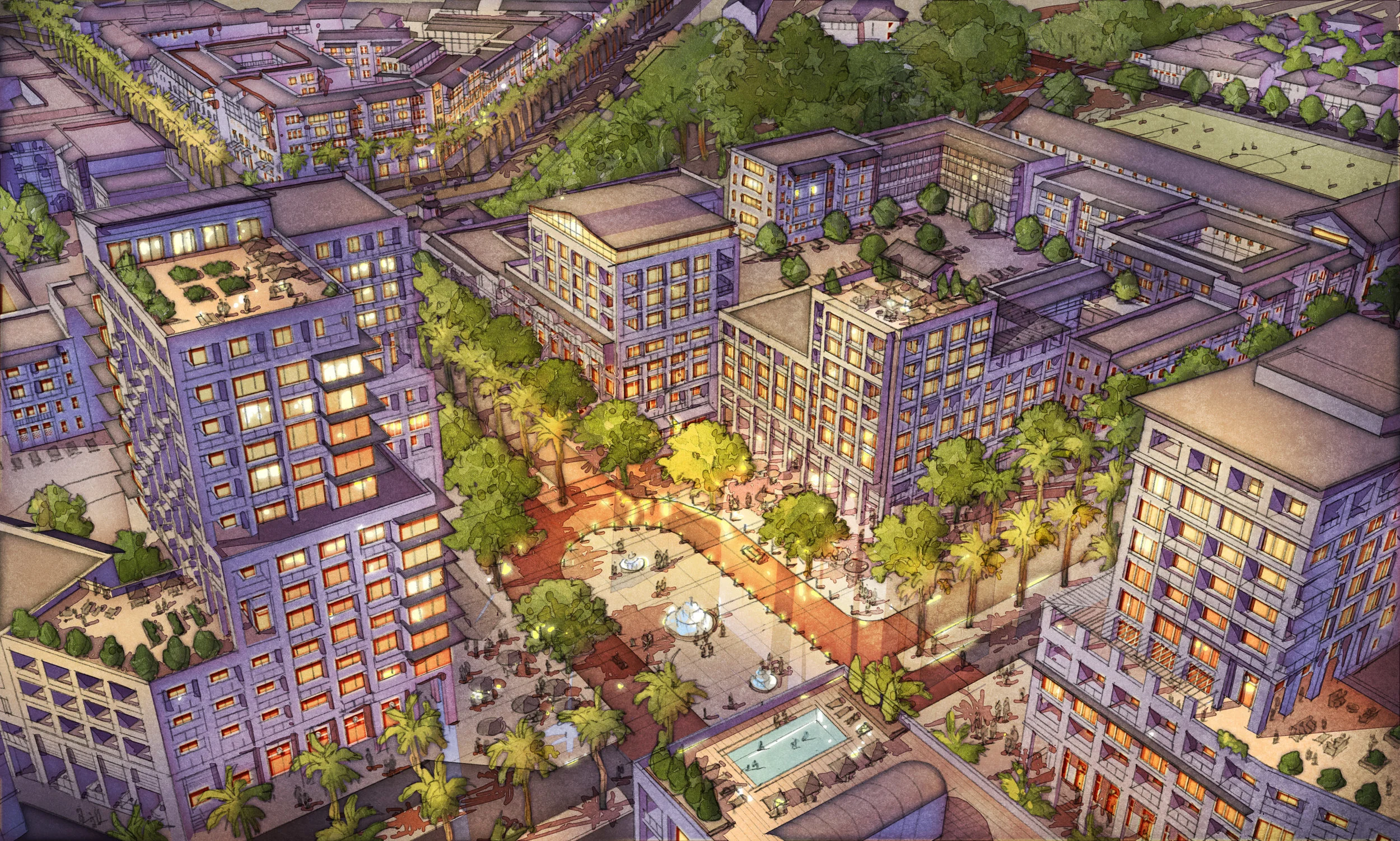 Hand drawn, architectural renderings