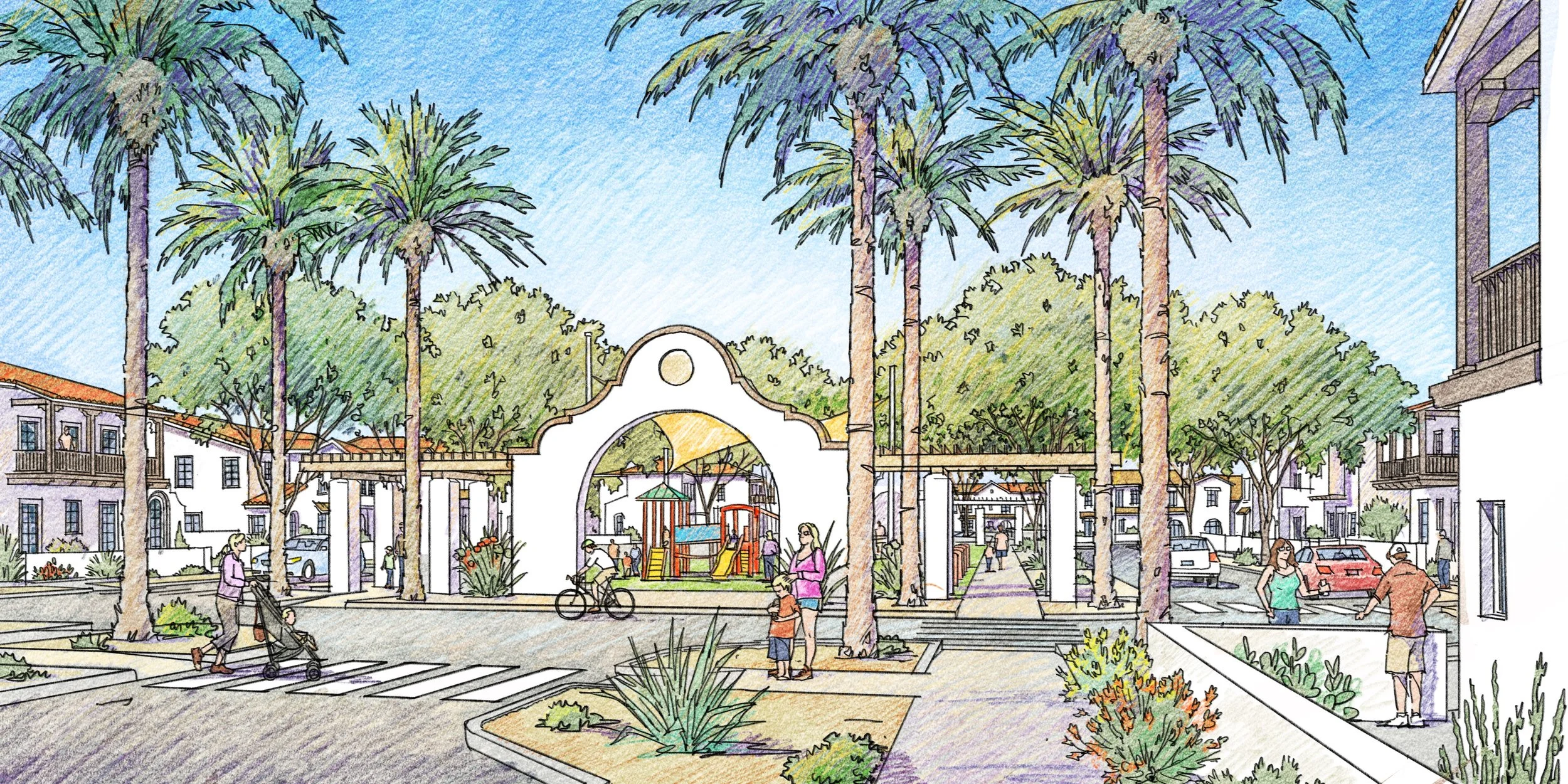 Hand drawn, architectural renderings