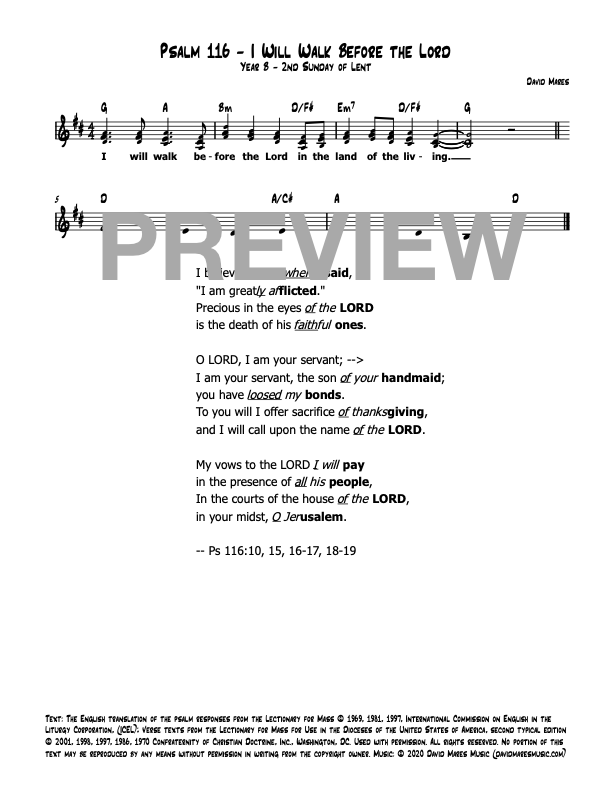 Psalm 116 I Will Walk Before the Lord Sheet Music — David Mares