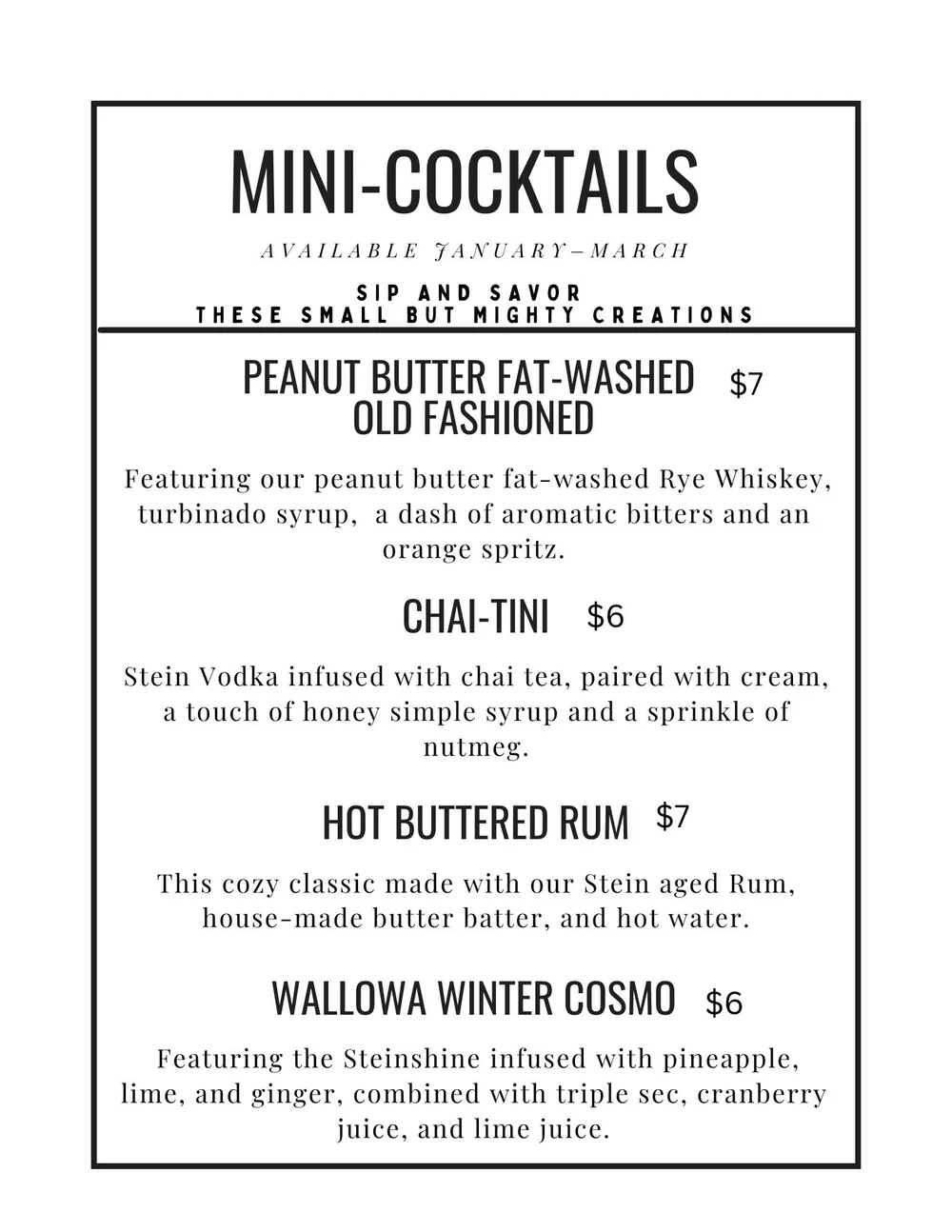 Stein Distillery Cocktail Menu – Craft Mini-Cocktails in Joseph, OR ...