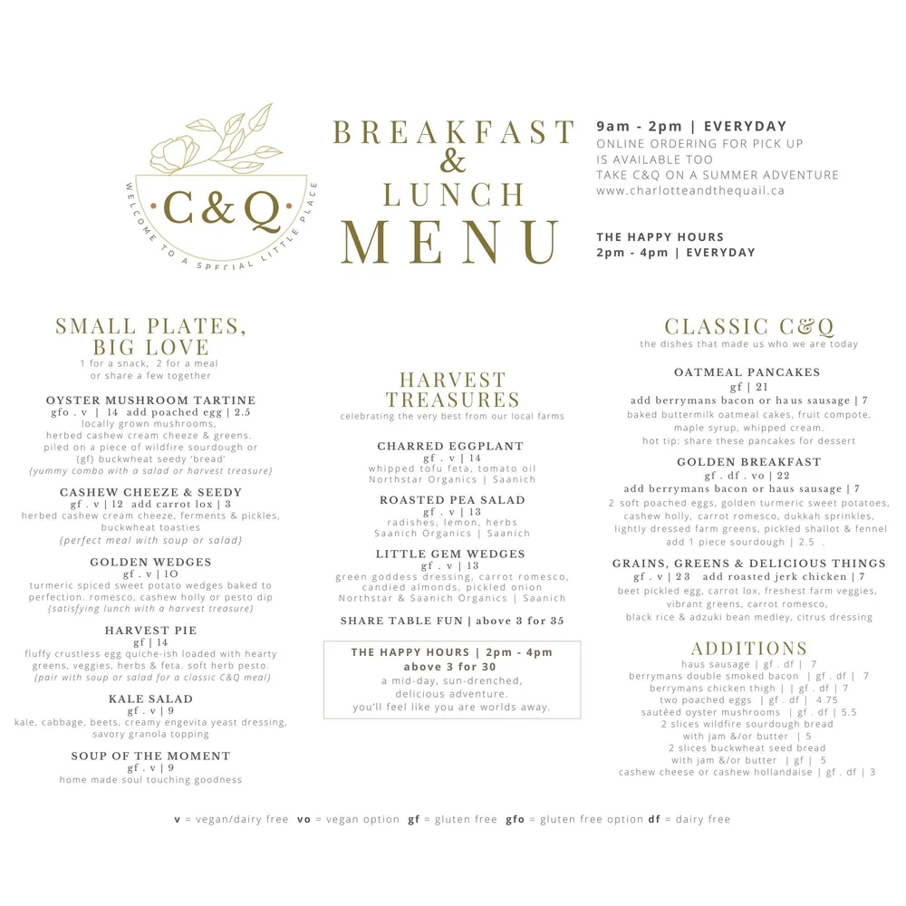 BREAKFAST & LUNCH MENU — Charlotte & the Quail