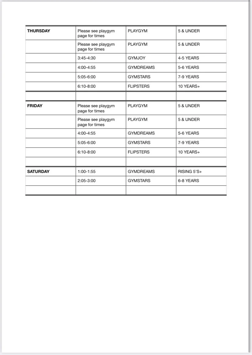 Class Timetable — Rushmoor Gymnastics Academy