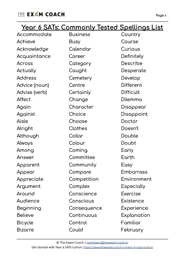 Year 6 SATs Tricky Spellings List 2024/2025 | The Exam Coach