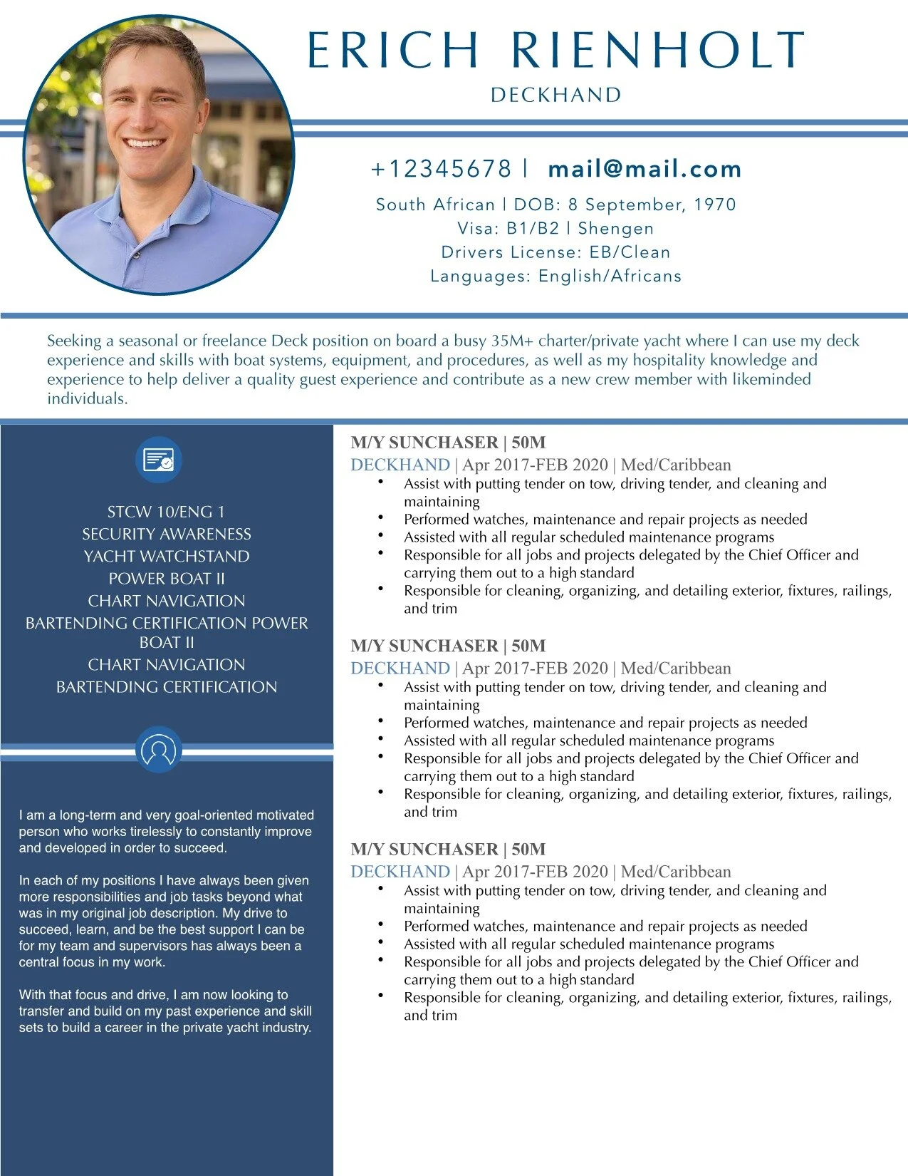 Yacht Deckhand CV Templates — SUPER YACHT RESUME