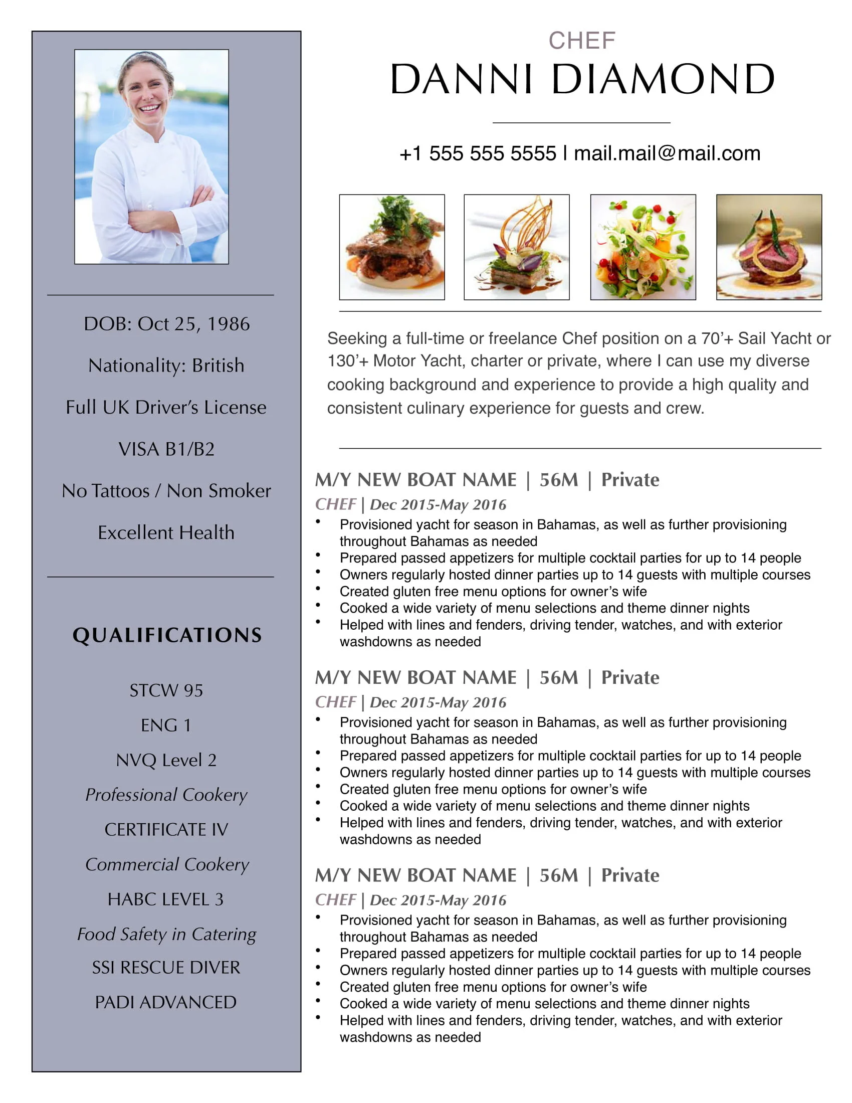 Yacht Chef CV Templates — SUPER YACHT RESUME
