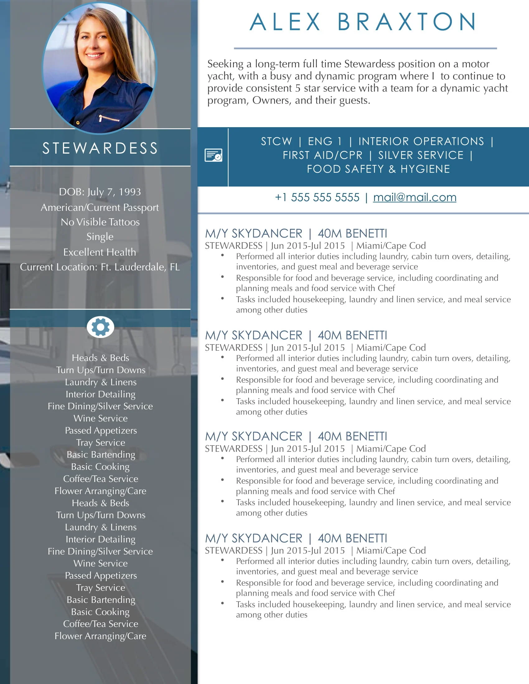 Yacht Stewardess Yacht CV Templates — SUPER YACHT RESUME