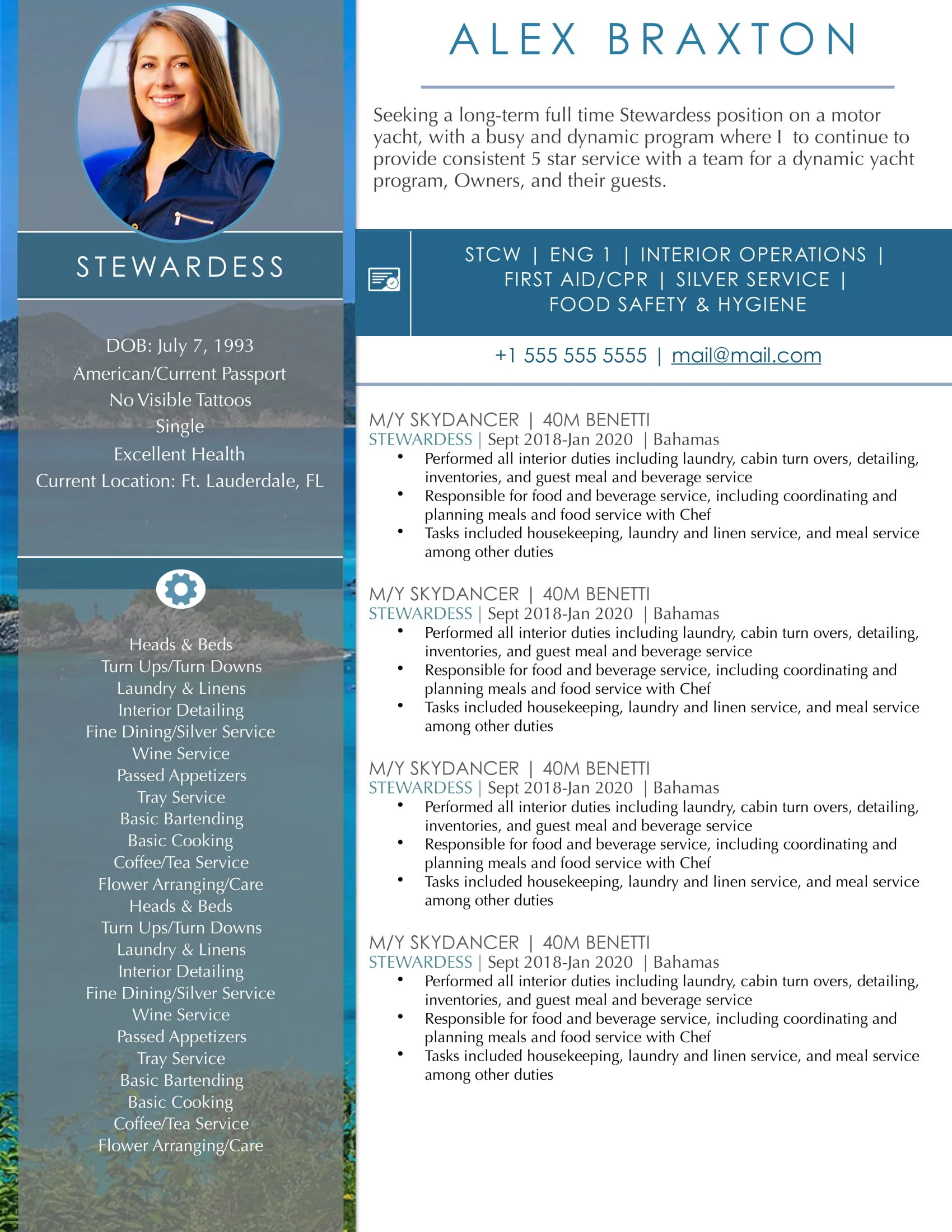 Yacht Stewardess Yacht CV Templates — SUPER YACHT RESUME