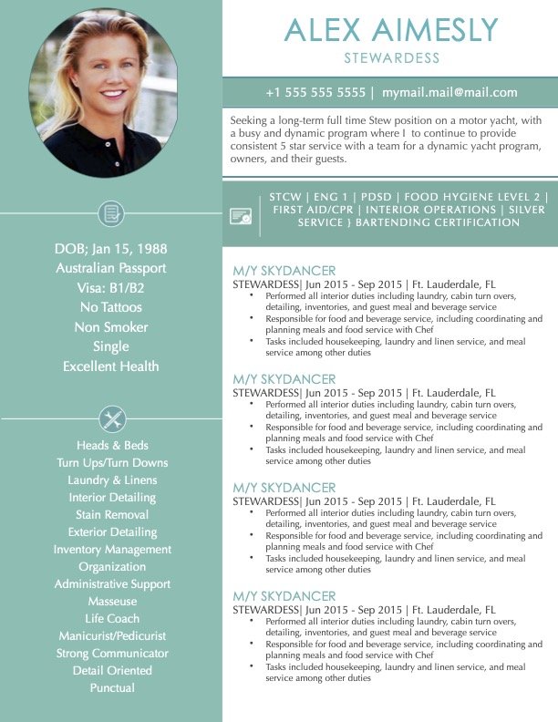 Yacht Stewardess Yacht CV Templates — SUPER YACHT RESUME