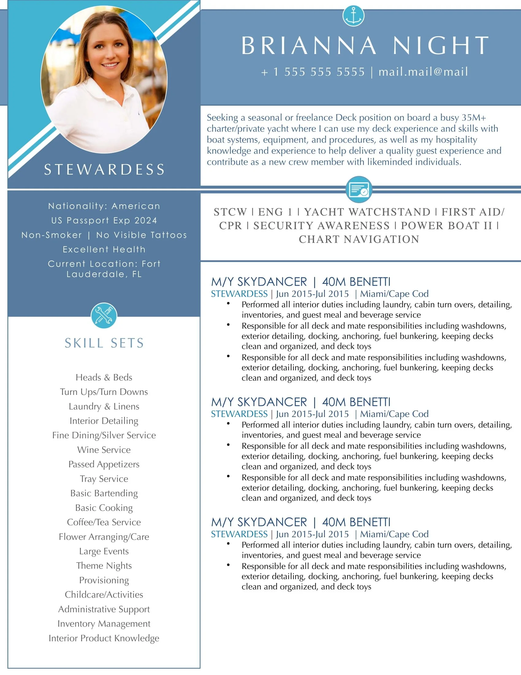 Yacht Stewardess Yacht CV Templates — SUPER YACHT RESUME