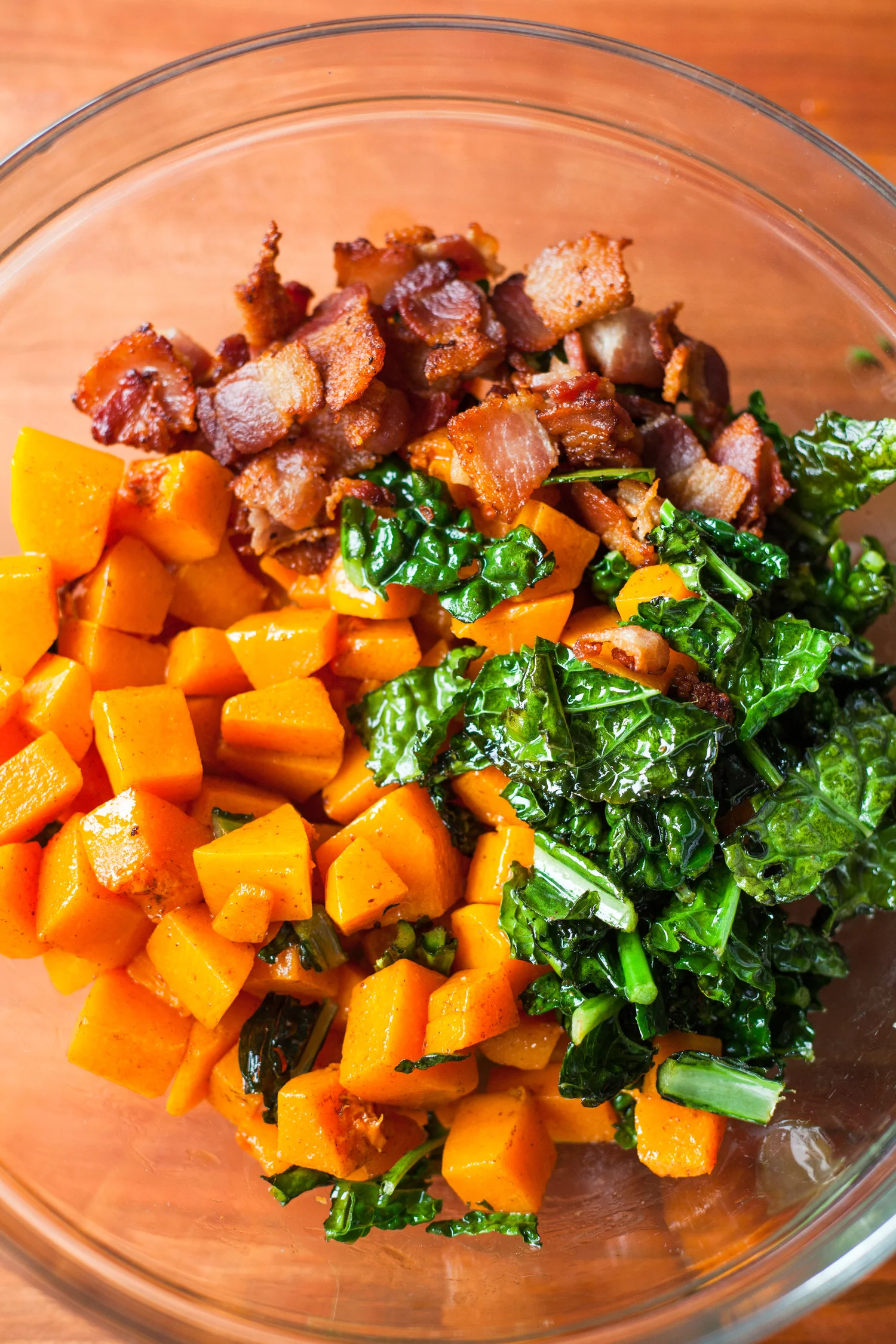 browned butter butternut, kale, crouton & bacon bake with garlic goat ...