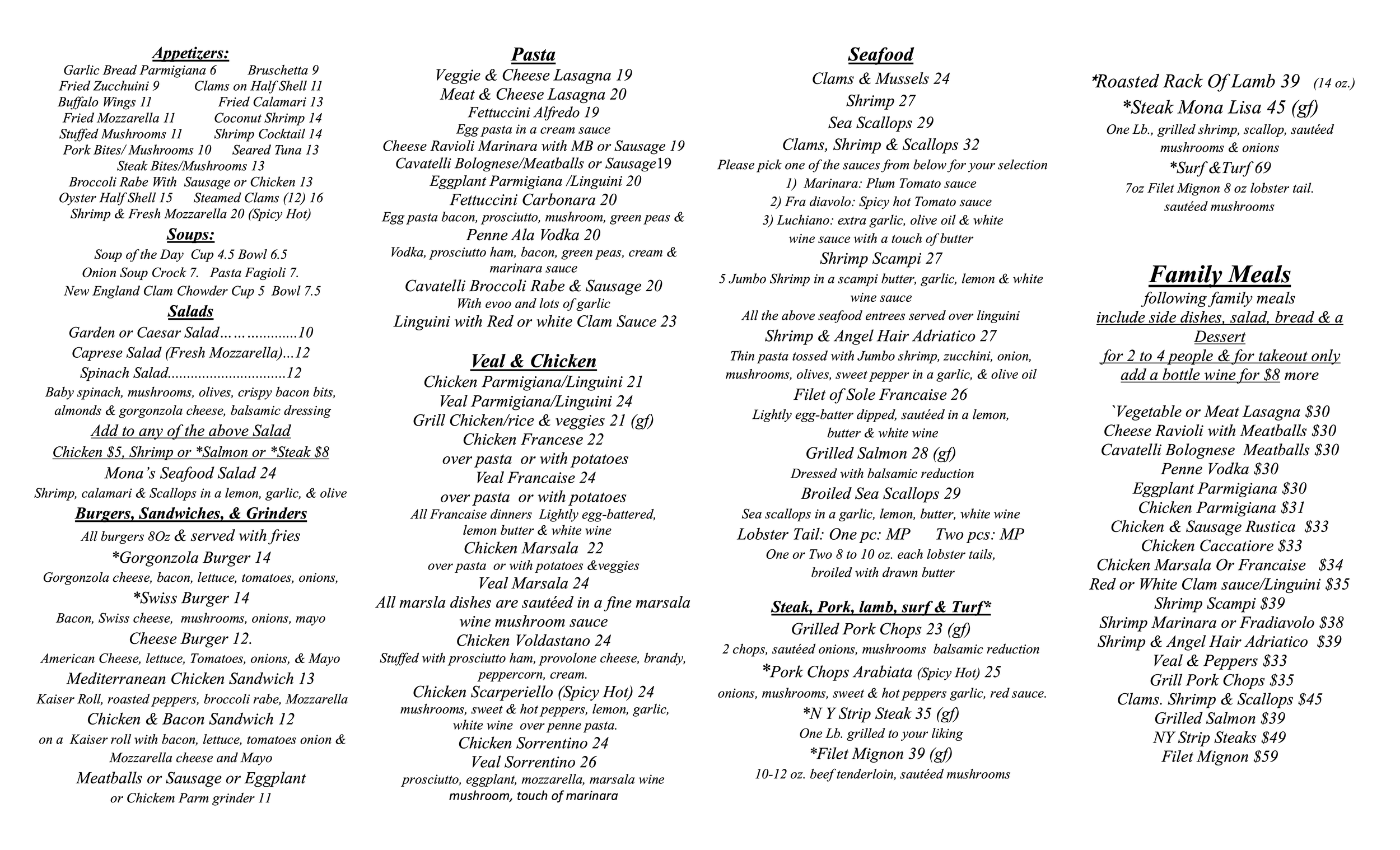 Current Menu and Hours — Mona Lisa Restaurant