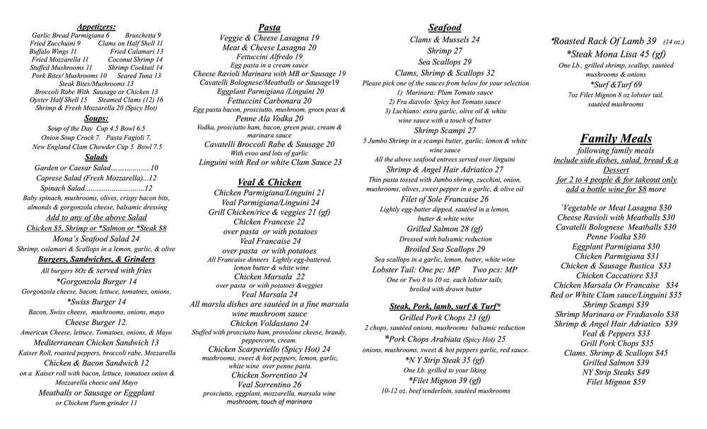 Current Menu and Hours — Mona Lisa Restaurant