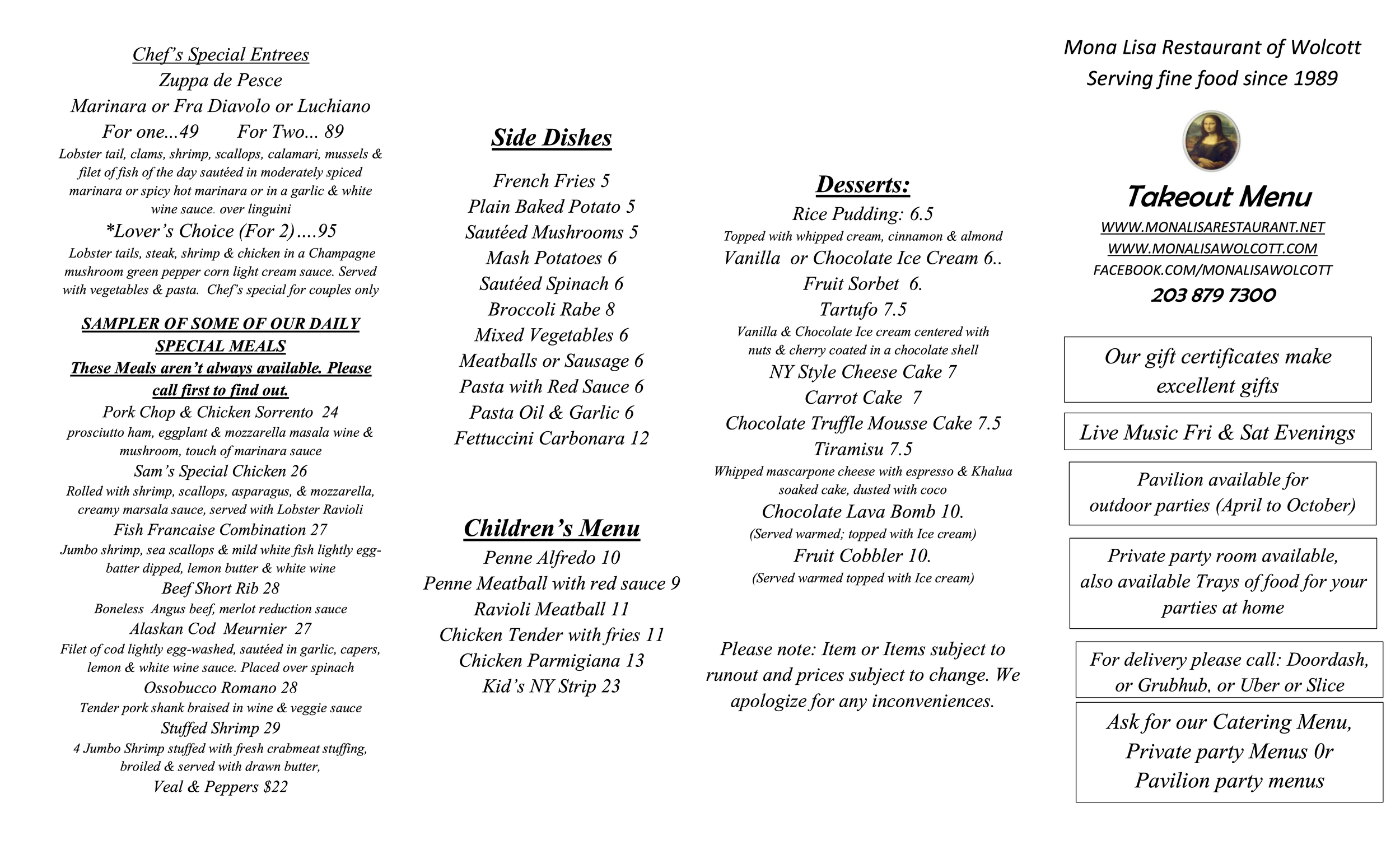 Current Menu and Hours — Mona Lisa Restaurant