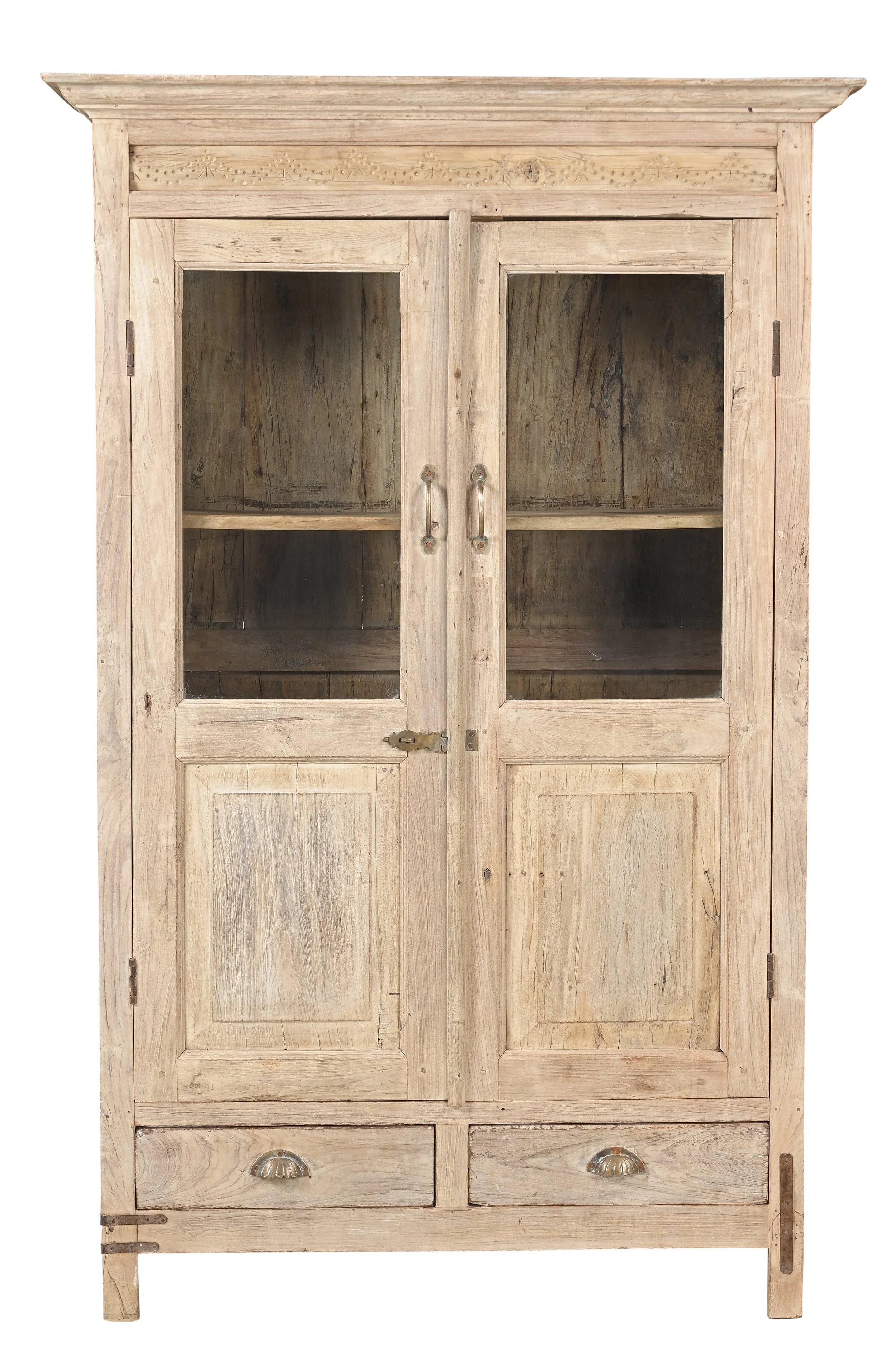 two door teak & glass kitchen cabinet, byron bay rustic furniture ...