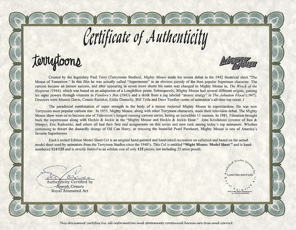 Comic Mint - Animation Art - Mighty Mouse Model Sheet