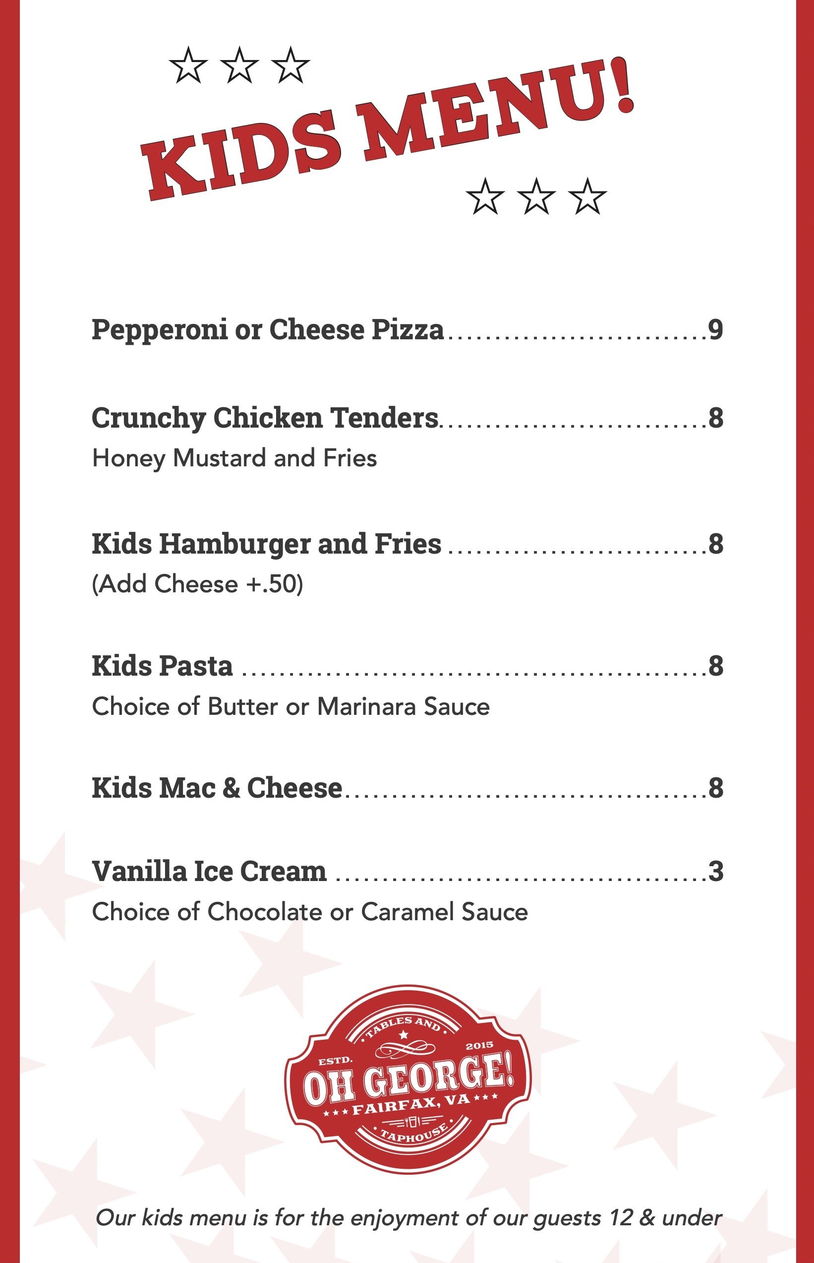 Kids Menu — Oh George! | Pizza, Burgers & Taphouse in Fairfax, VA