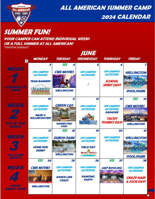 Summer Camp Calendars — All American Sport Camp Inc. Florida's Summer ...