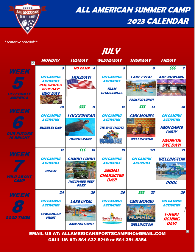 Summer Camp Calendars — All American Sport Camp Inc. Florida's Summer ...