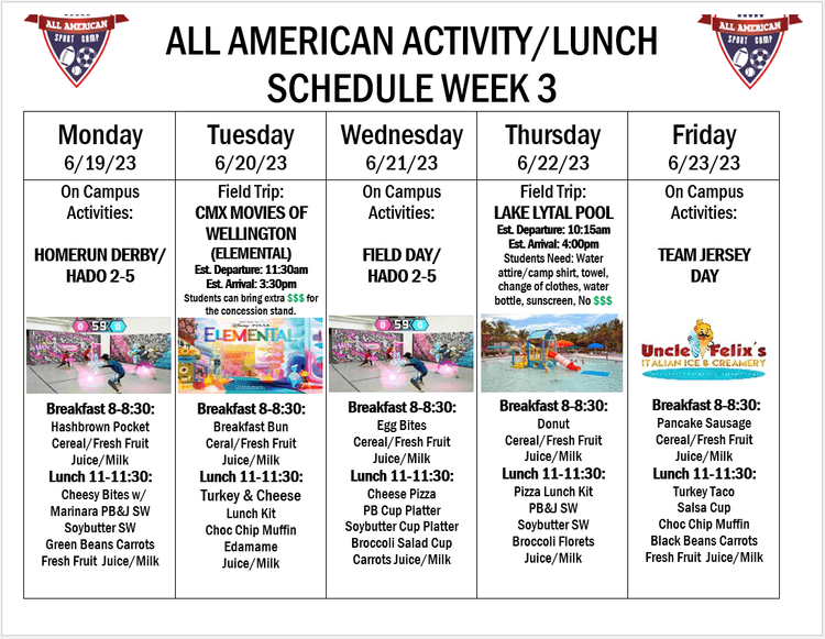 Summer Camp Calendars — All American Sport Camp Inc. Florida's Summer ...