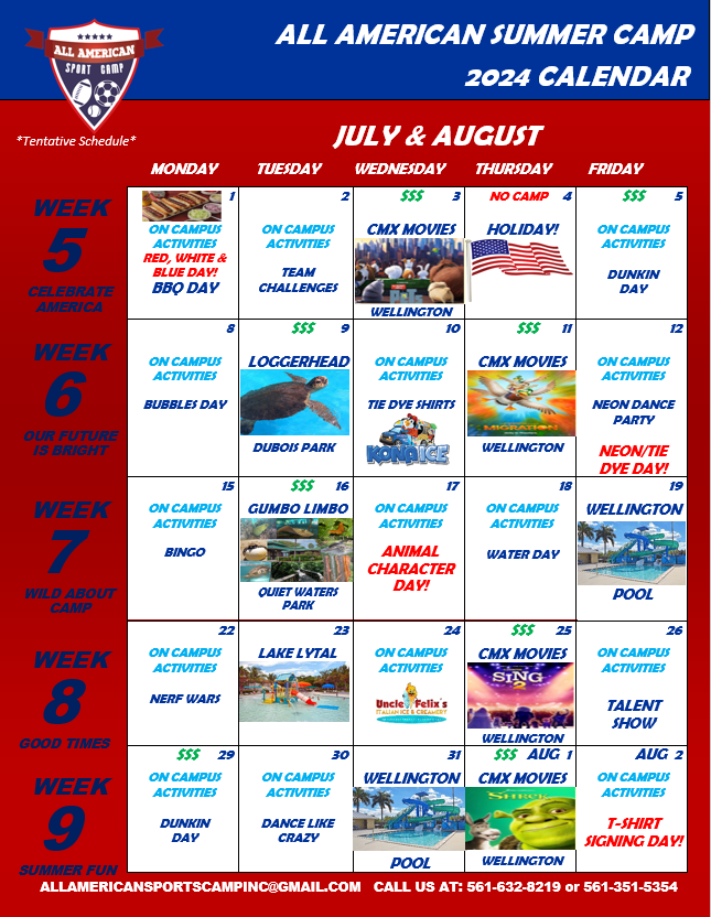 Summer Camp Calendars — All American Sport Camp Inc. Florida's Summer ...