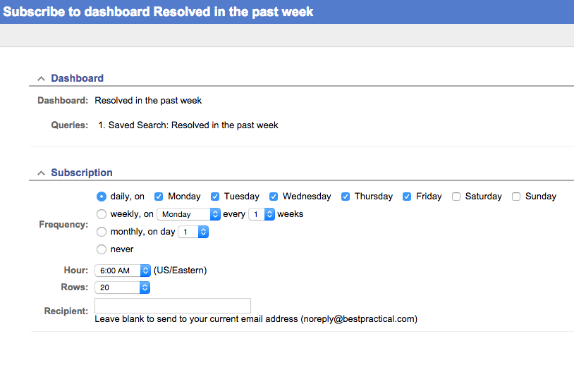 Dashboard Weekday Checkboxes – Request Tracker