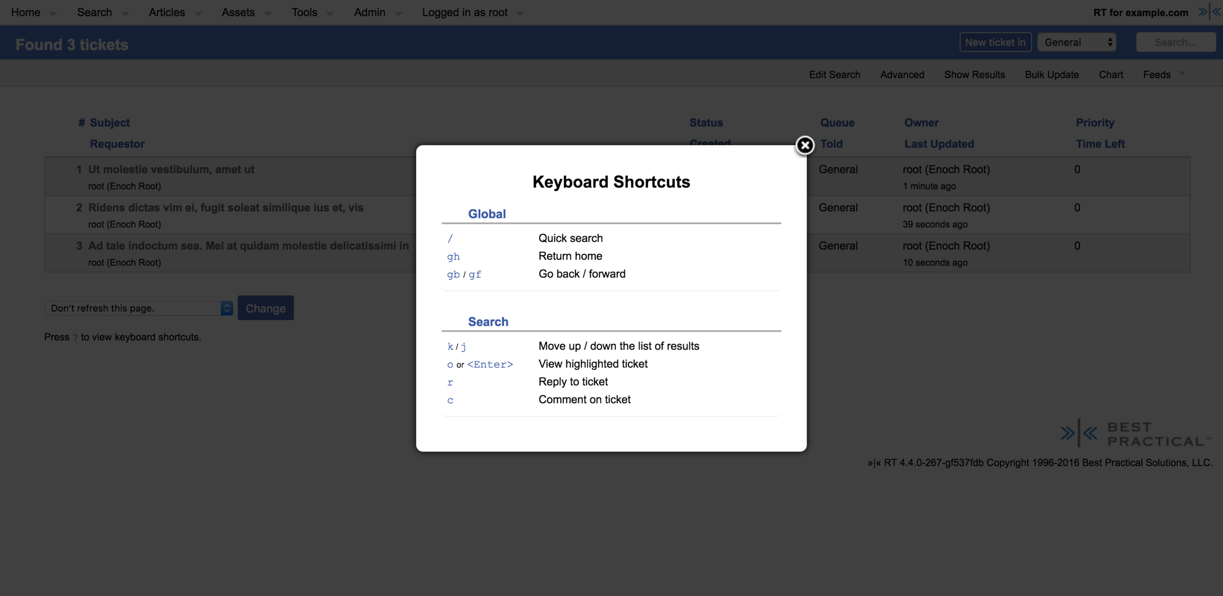Keyboard Shortcuts – Request Tracker