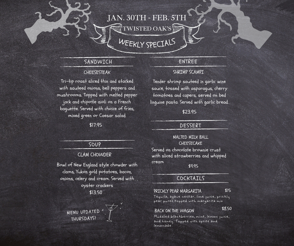 Full Dinner Menu & Happy Hour — Twisted Oak Tavern