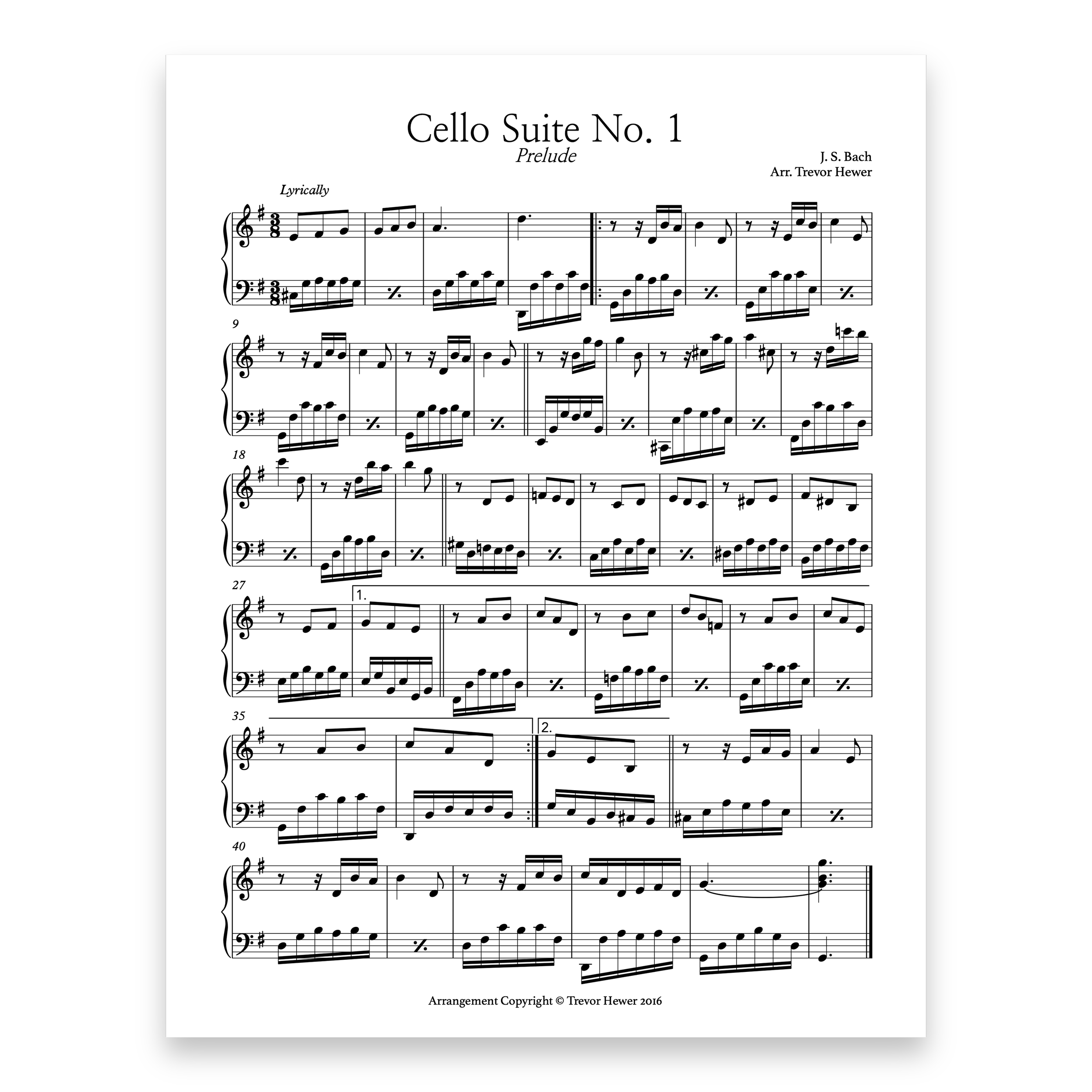 Cello Suite No. 1, Prelude, Sheet Music for Piano — Trevor Hewer