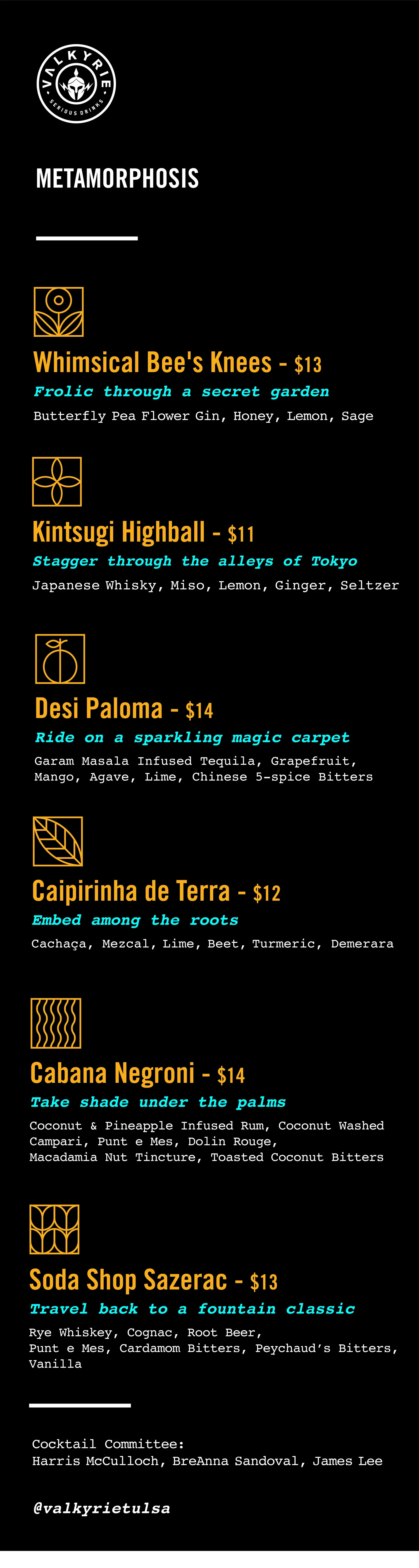 Menu | Valkyrie, Tulsa OK | Playfully Serving Serious Drinks — Valkyrie