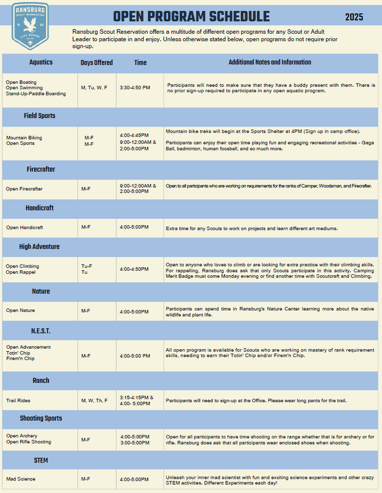 Program Schedules — Ransburg Scout Reservation