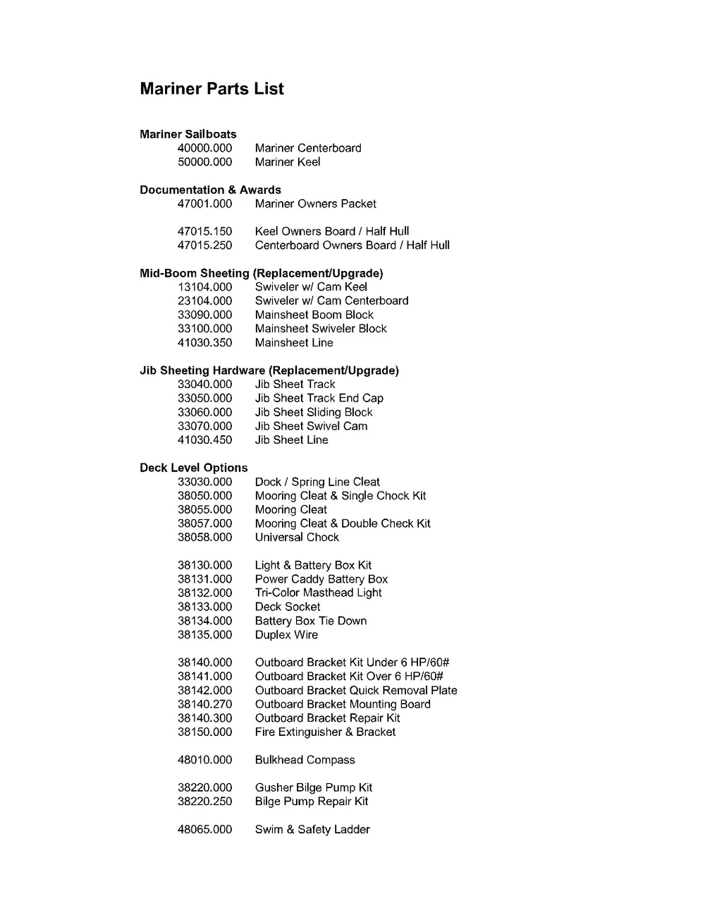 Mariner Parts List — Stuart Marine Corp.
