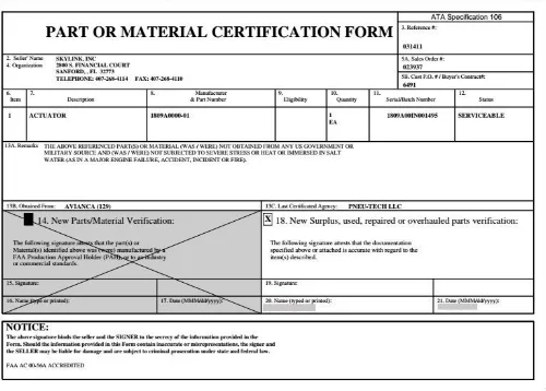 Aircraft Part Certification Defined — Skylink