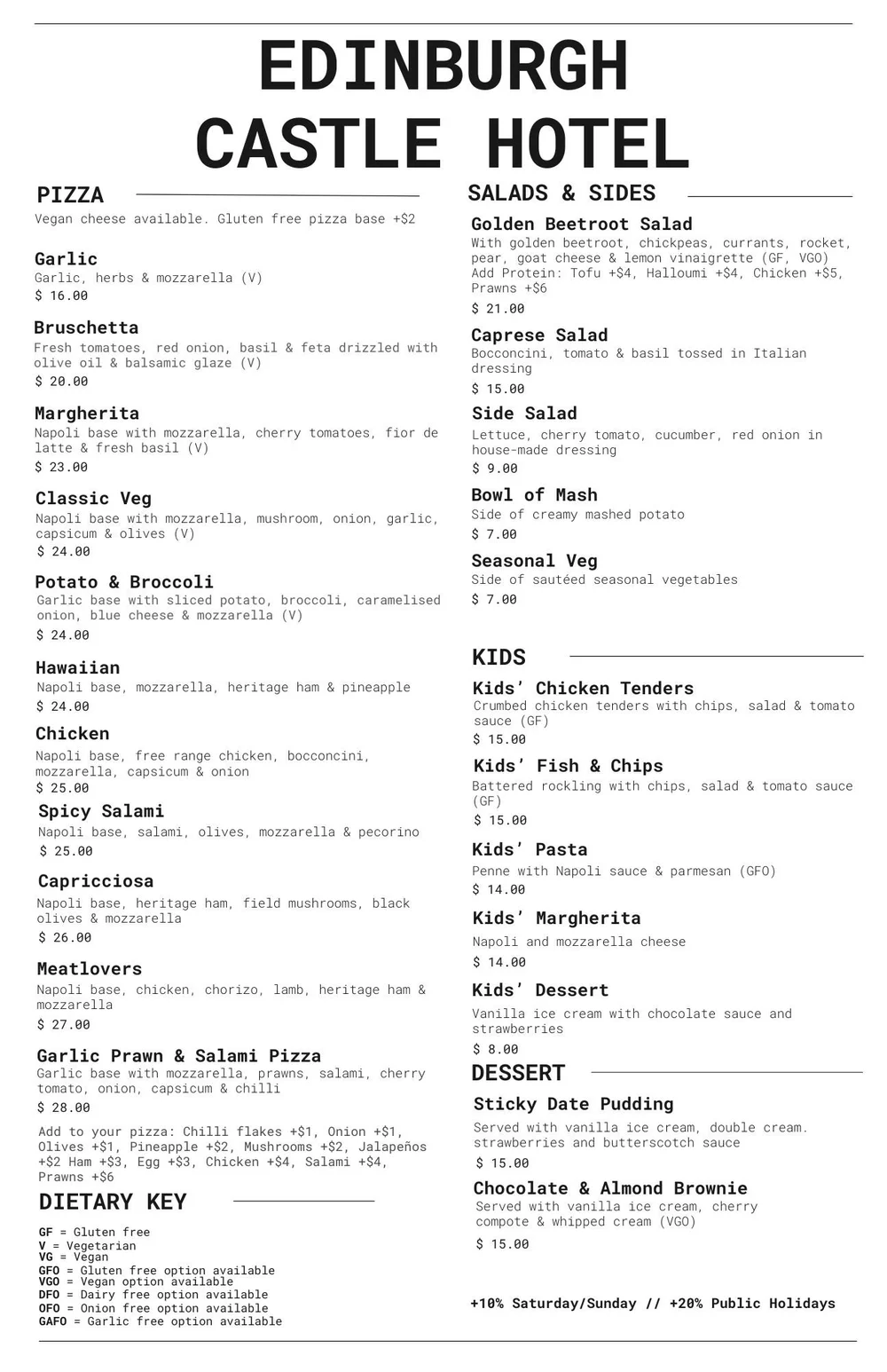 Edinburgh Castle Brunswick | Music, Food and Drink — Menu