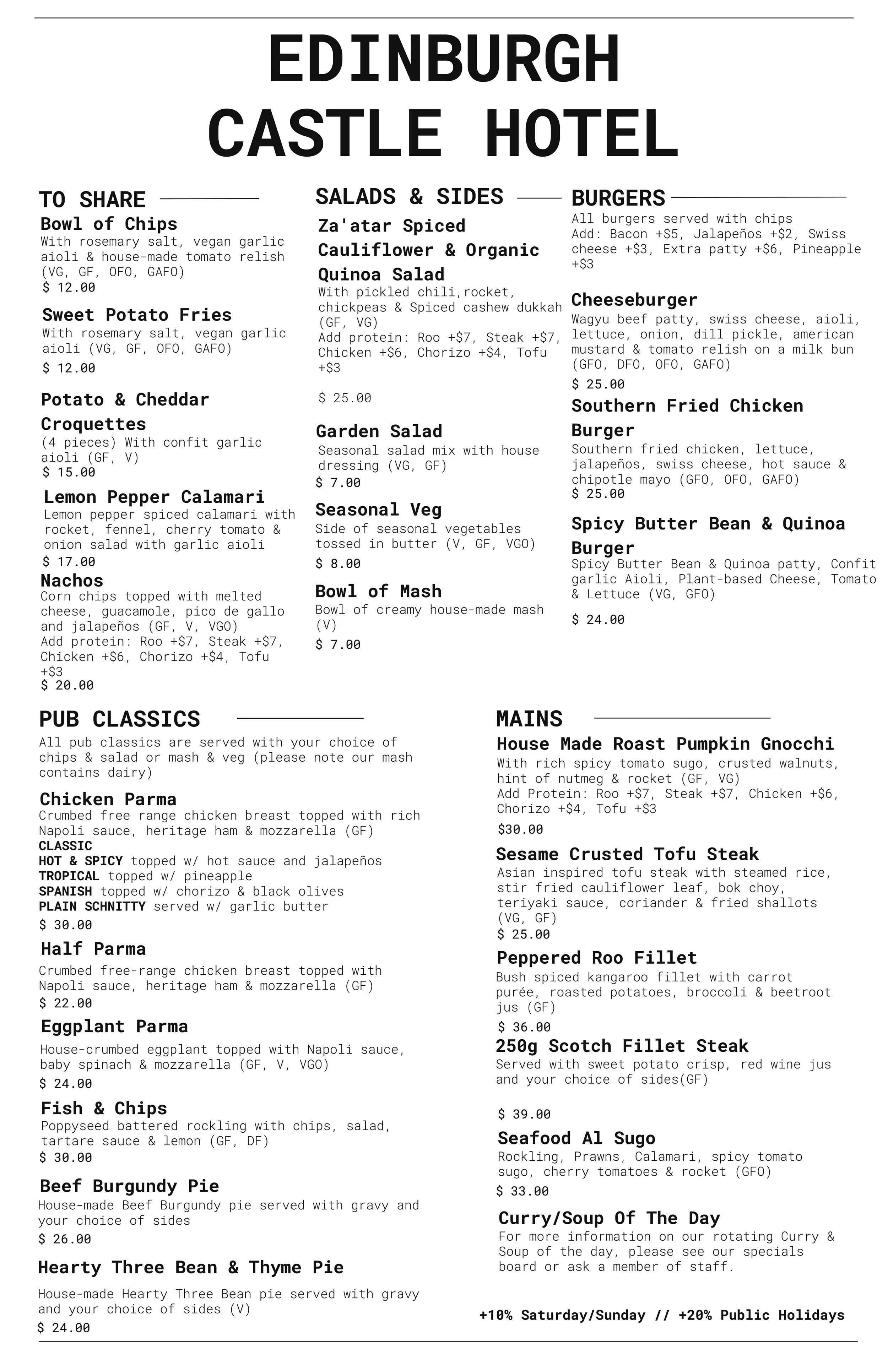 Edinburgh Castle Brunswick | Music, Food and Drink — Menu