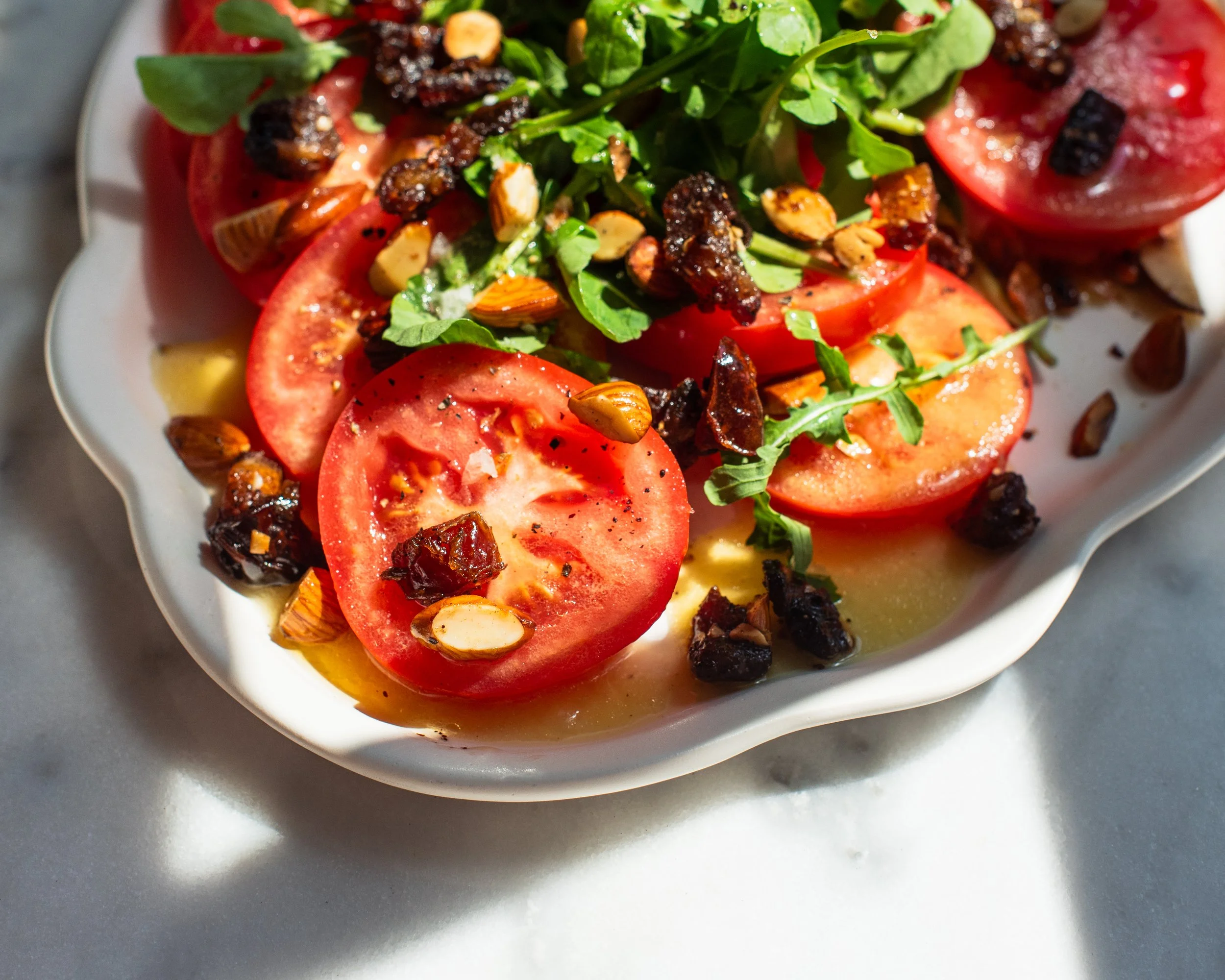 Tomato Salad Recipe with toasted almonds and dates — saltnpepperhere
