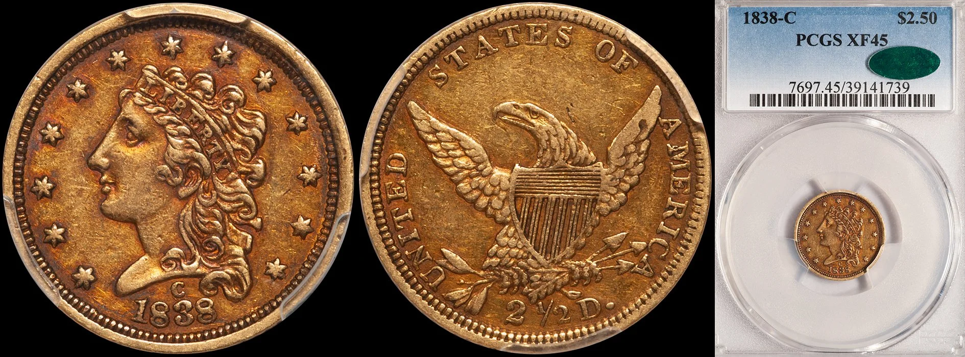 Quarter Eagle. 1838-C Charlotte $2.50 gold coin. PCGS EF45 CAC. | Rare ...