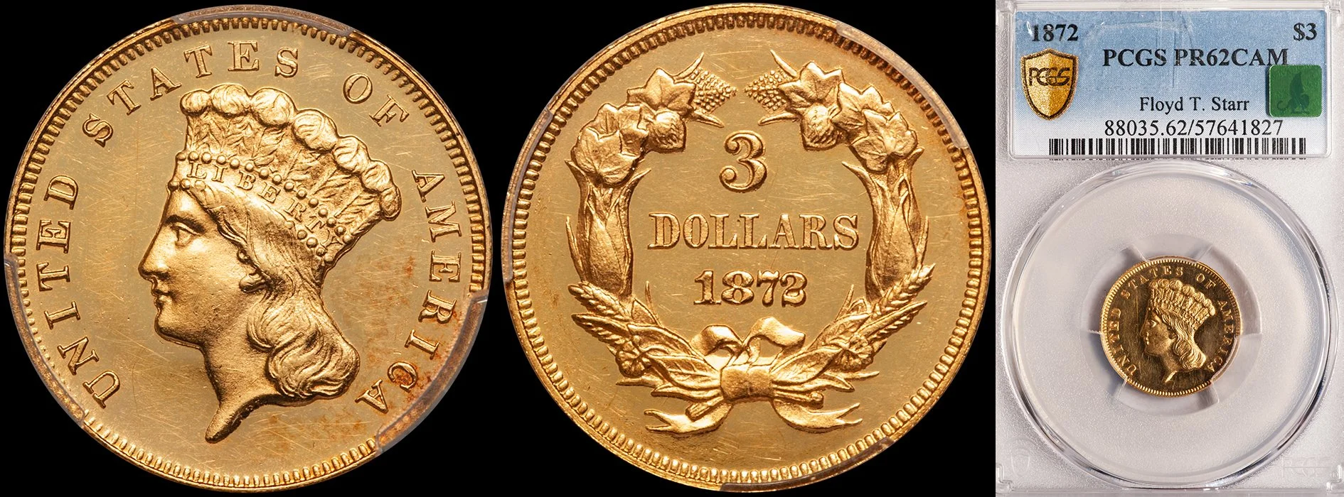 Three Dollars. 1872 $3 gold coin. PCGS PR62 Cameo. | Rare Gold Coins - Douglas Winter Numismatics