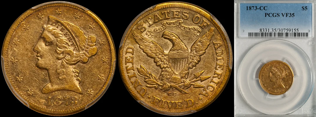 SOLD - $5.00 - 1873-CC PCGS VF35 | Rare Gold Coins - Douglas Winter Numismatics