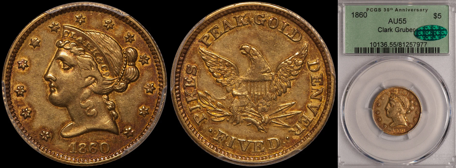 SOLD - $5.00 - 1860 Clark Gruber PCGS AU55 CAC | Rare Gold Coins ...