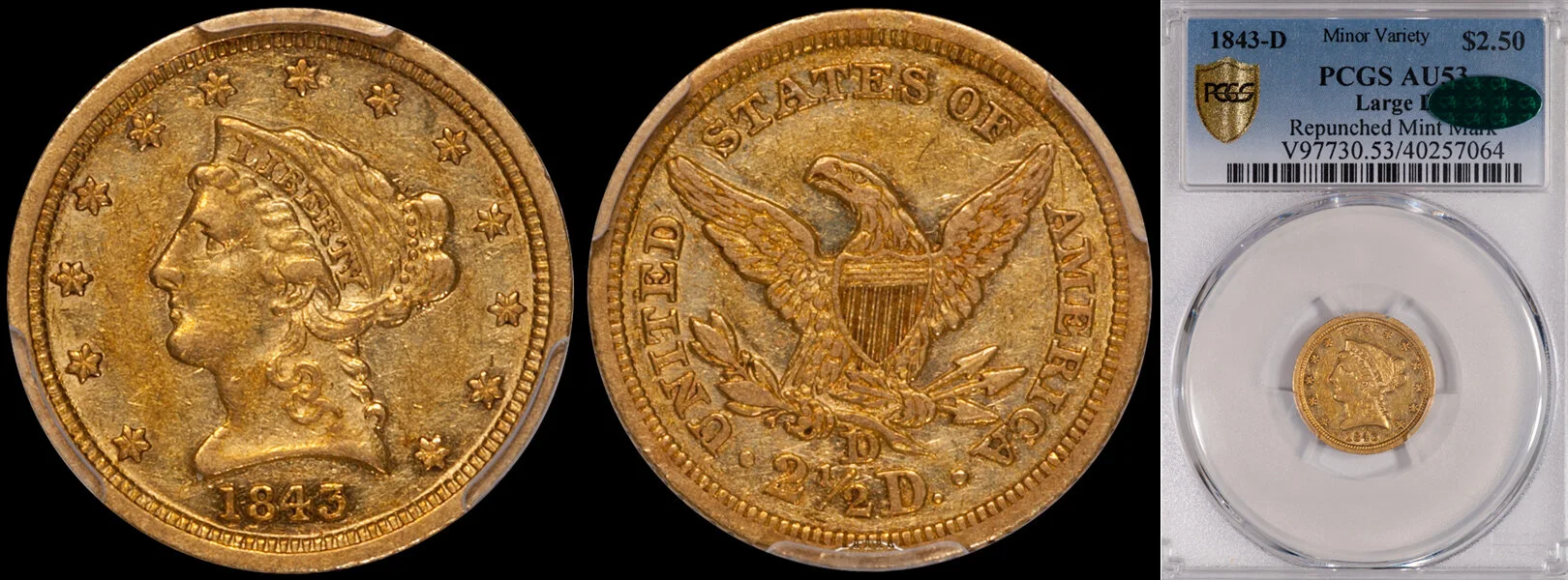 SOLD-1843-D Large D $2.50 PCGS AU53 CAC | Douglas Winter Numismatics | Rare Gold Coins - Douglas ...