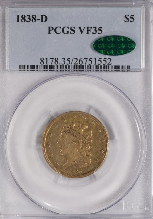 SOLD - $5.00 - 1838-D PCGS VF35 CAC | Rare Gold Coins - Douglas Winter Numismatics