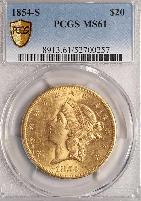 Double Eagle. 1854-S San Francisco $20 gold coin. PCGS MS61. | Rare Gold Coins - Douglas Winter ...