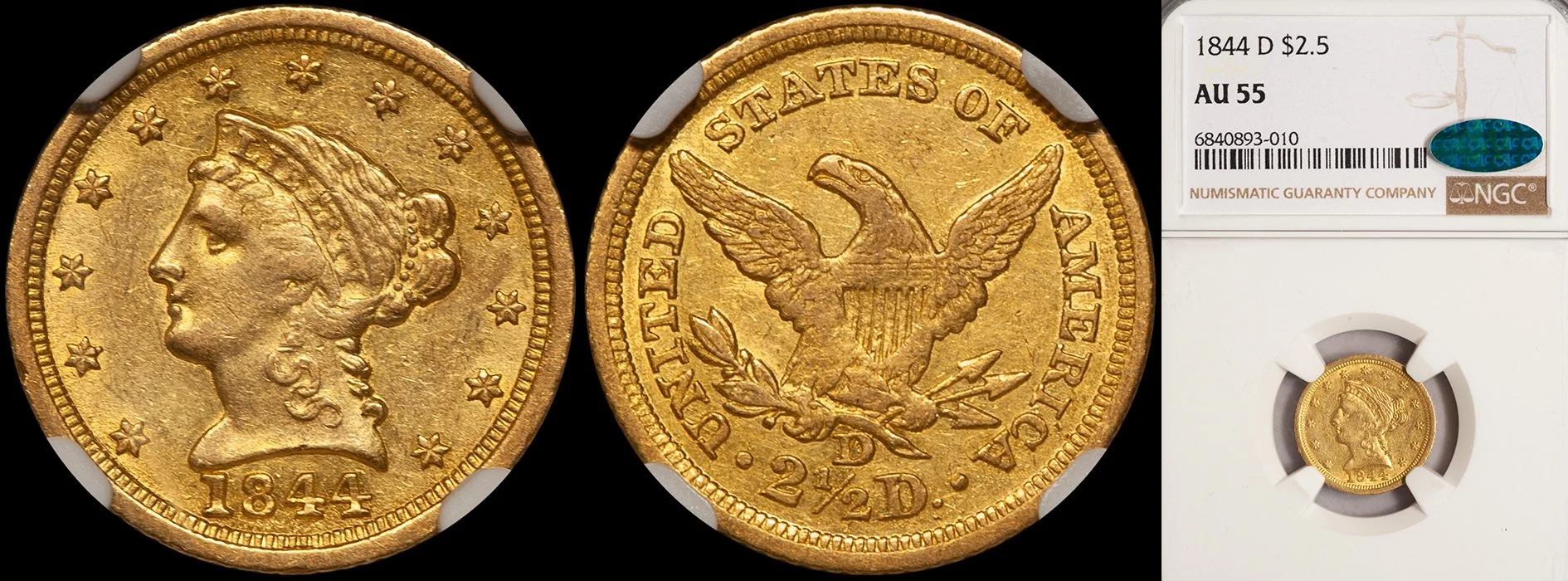 Quarter Eagle. 1844-D Dahlonega $2.50 gold coin. NGC AU55 CAC. | Rare Gold Coins - Douglas ...