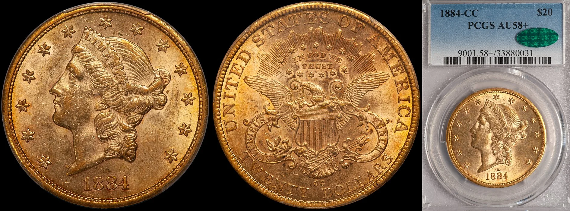 Double Eagle. 1884-CC Carson City $20 gold coin. PCGS AU58+ CAC. | Rare Gold Coins - Douglas ...