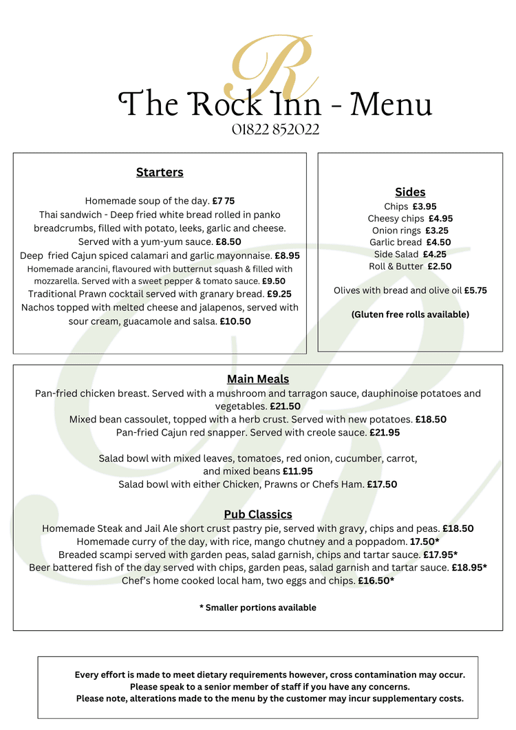Main Menu — Rock Inn Yelverton