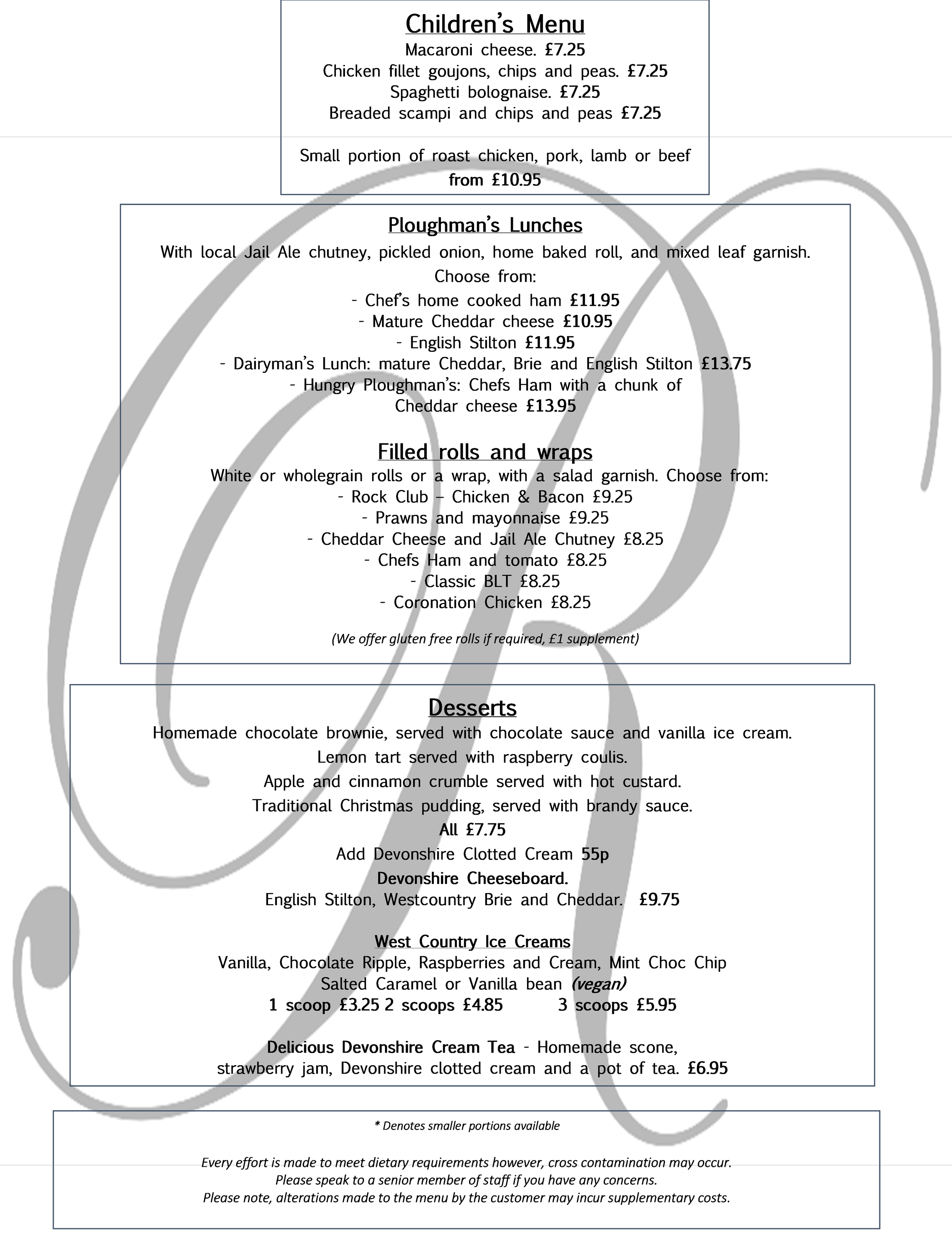 Sunday Menu — Rock Inn Yelverton